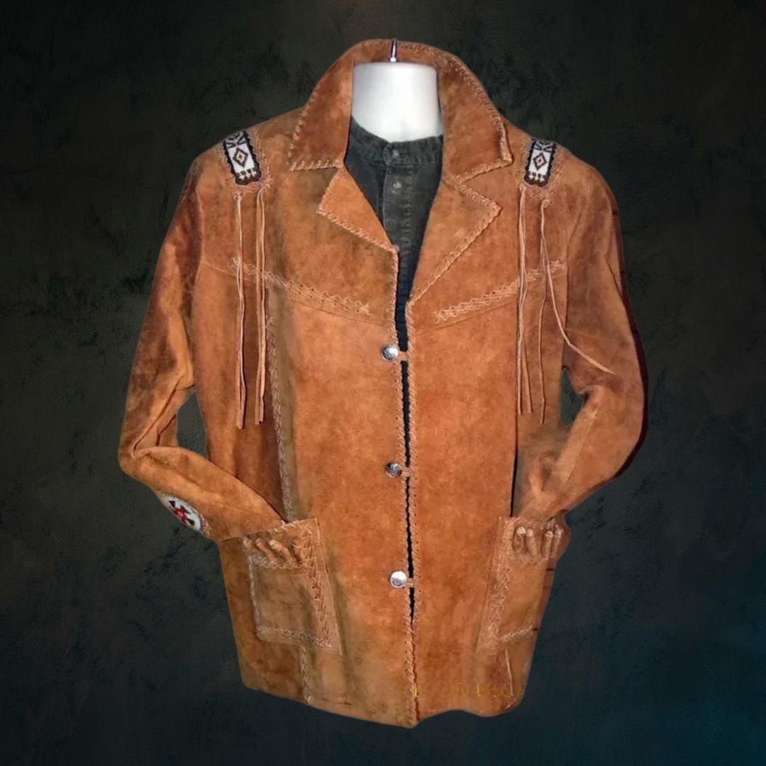 Men's Suede Frontier Jacket: Beaded Western Leather Coat With Tassels ...