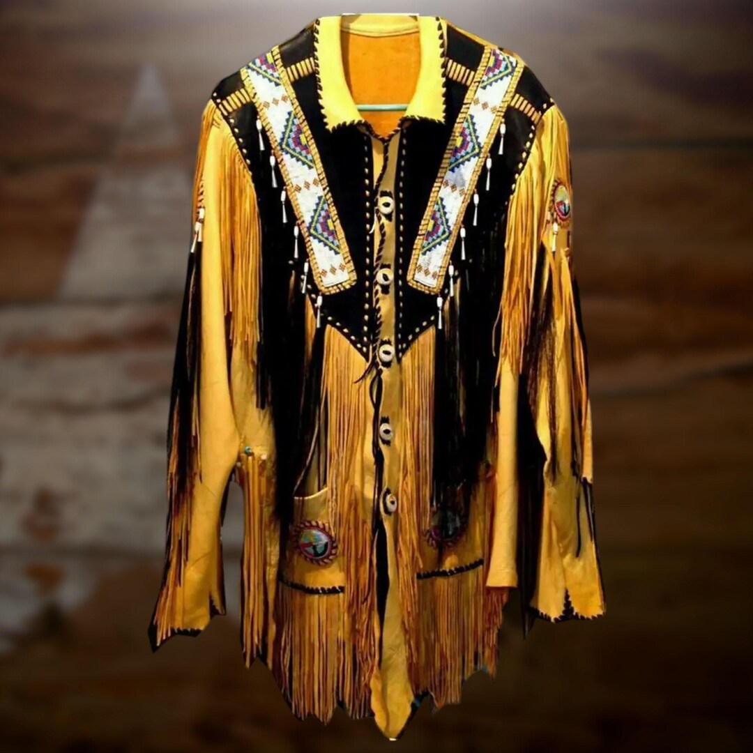 Handmade Beaded Leather Fringe Jacket: Plains Indian Style Western Coat ...