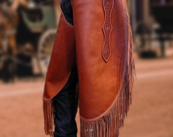Handmade Leather Fringe Shotgun Chaps With Basket Weave Tooled Yokes ...
