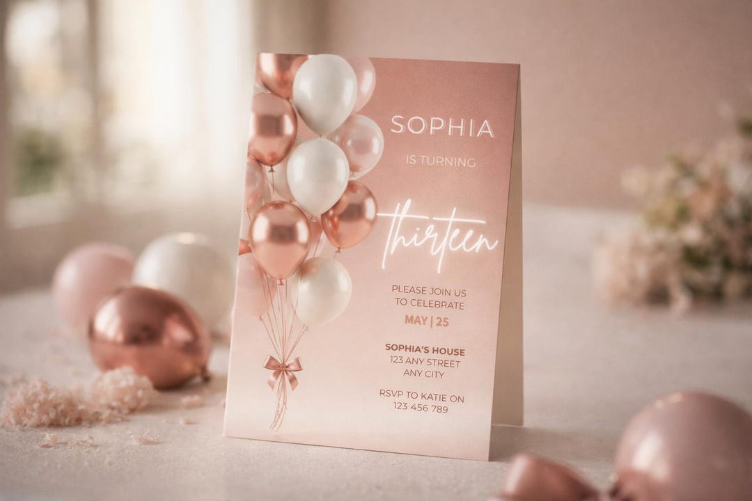 Editable Birthday Invitation Template | Elegant Rose Gold Balloon ...