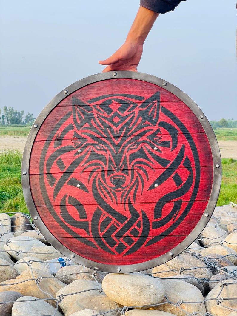 Viking Shield - Red Wolf Battleworn Viking Shield - Medieval Viking ...