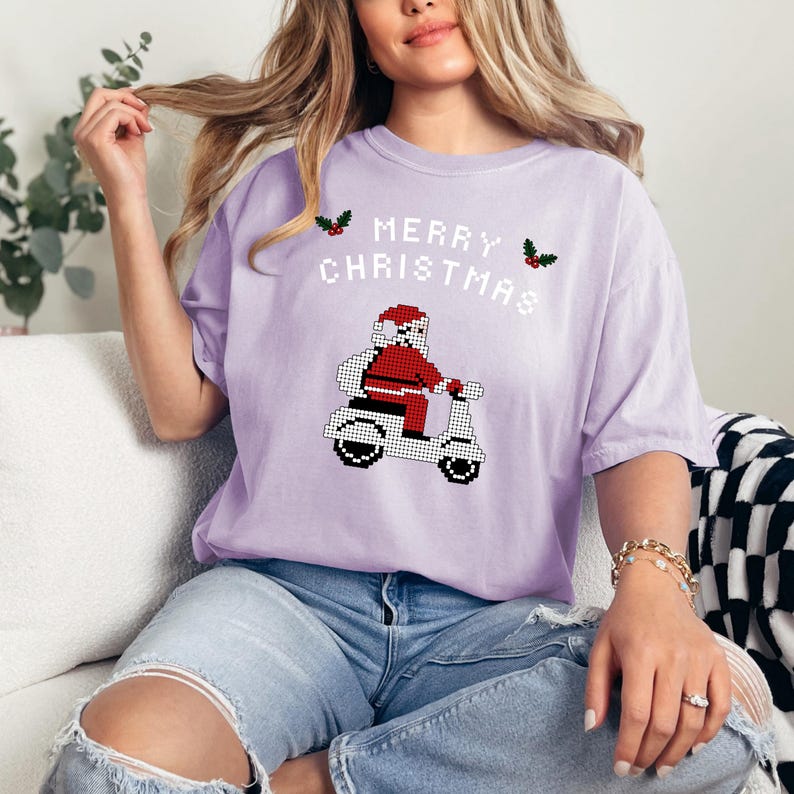 Comfort Colors Santa on Scooter Pixel Art Shirt, Retro Christmas ...