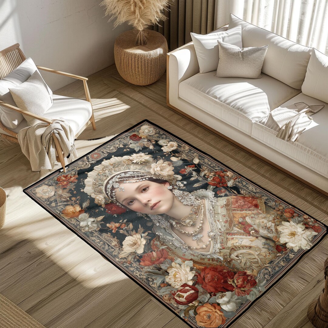 Art Lover Gift Renaissance Portrait Rug, Vintage Woman With Flowers ...