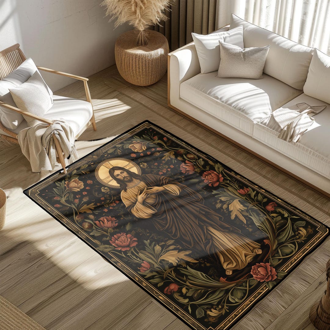 Jesus Christ With Flowers Rug, Christian Faith Decor Rug, Religious ...