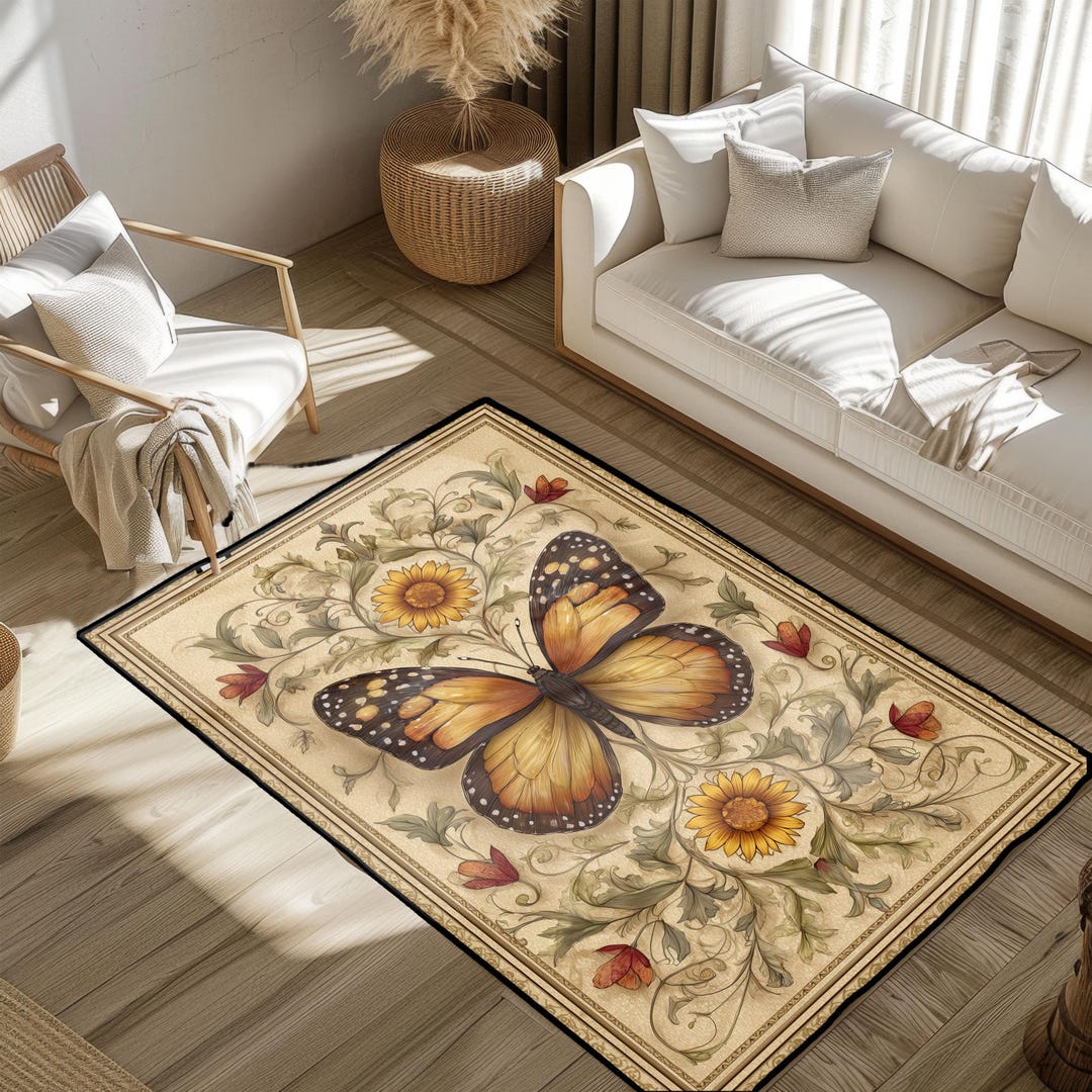 Monarch Butterfly and Sunflower Rug, Vintage Botanical Illustration ...