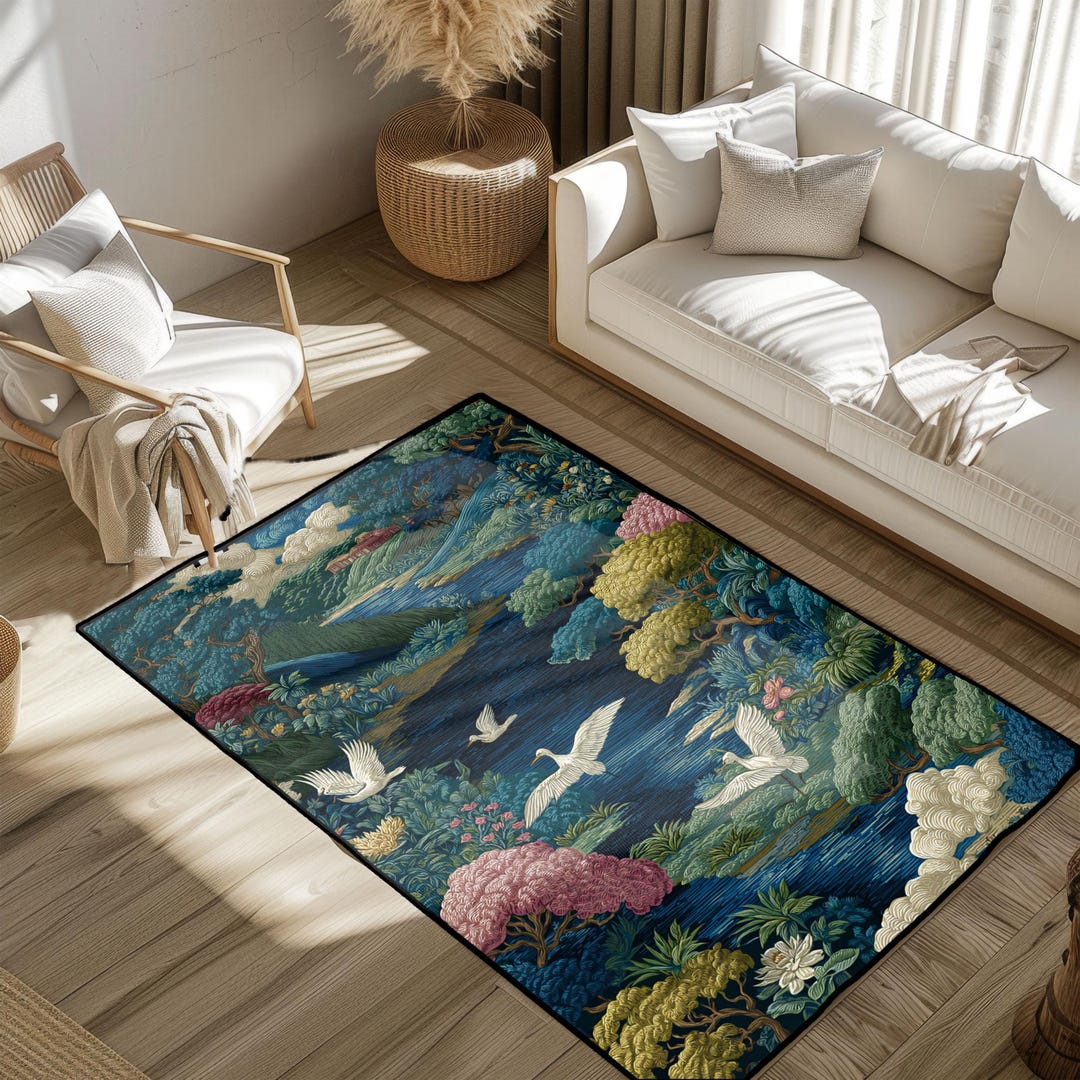Elegant Nature Scene Rug, Crane Bird Landscape Area Rug, Forest River ...