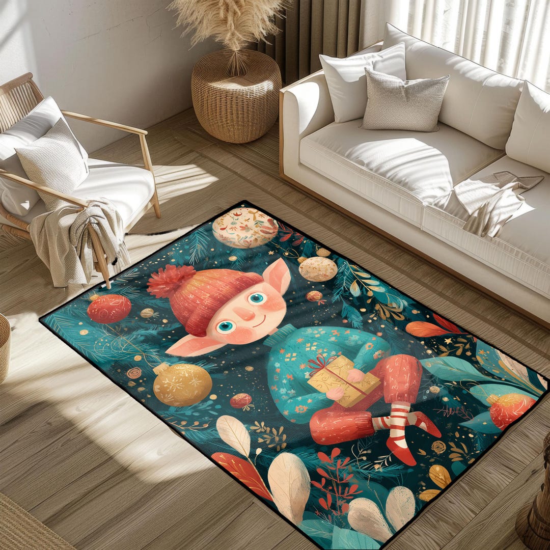 Adorable Christmas Elf Holding Present Rug, Whimsical Holiday Elf Area ...