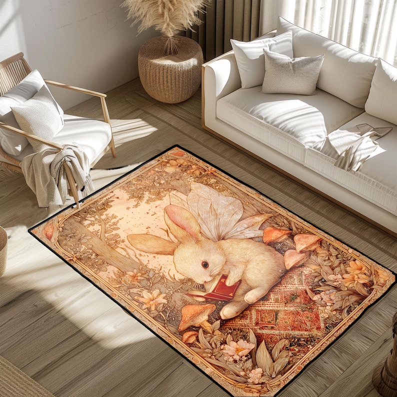 Whimsical Bunny Fairy Tale Rug, Cute Animal Nursery Rug, Enchanted ...