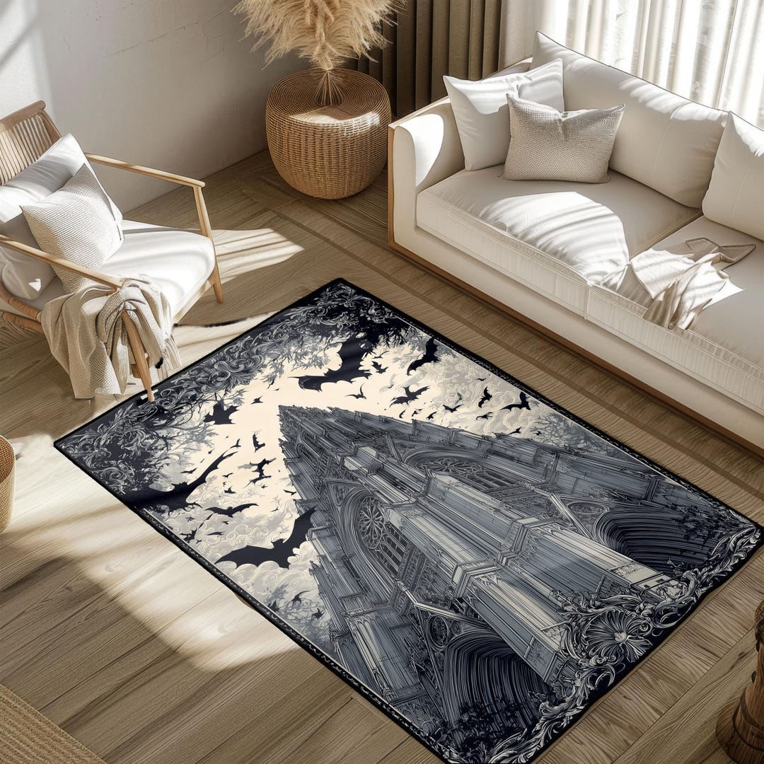 Gothic Cathedral Architecture Rug, Haunted Building Rug, Vampire Bats ...