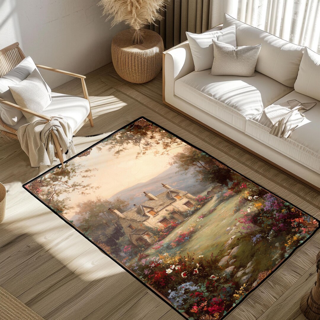 Cottagecore Garden Rug, English Countryside House Area Rug, Landscape ...