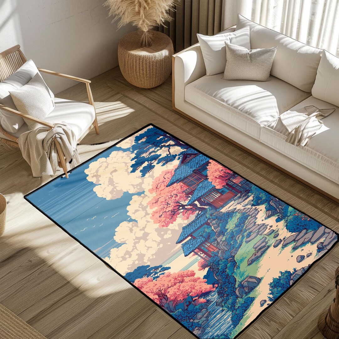 Japanese Temple Fan Rug, Sakura Tree Lover Area Rug, Anime Landscape ...