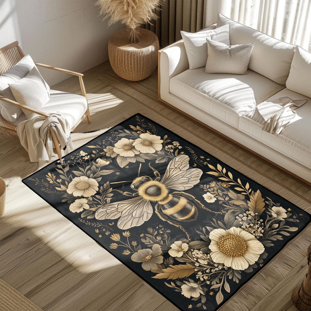 Elegant Honey Bee Floral Area Rug, Vintage Botanical Nature Lover ...