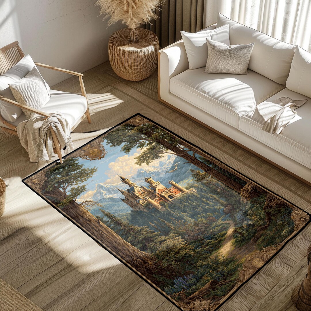 Fairytale Castle Rug, Mountain Landscape Carpet, Classical Art Lover ...