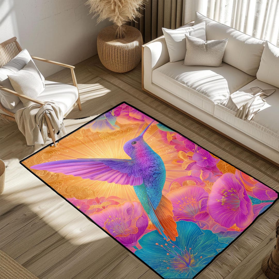 Vibrant Hummingbird Rug, Bird Rug, Nature Lover Rug, Floral Rug, Garden ...