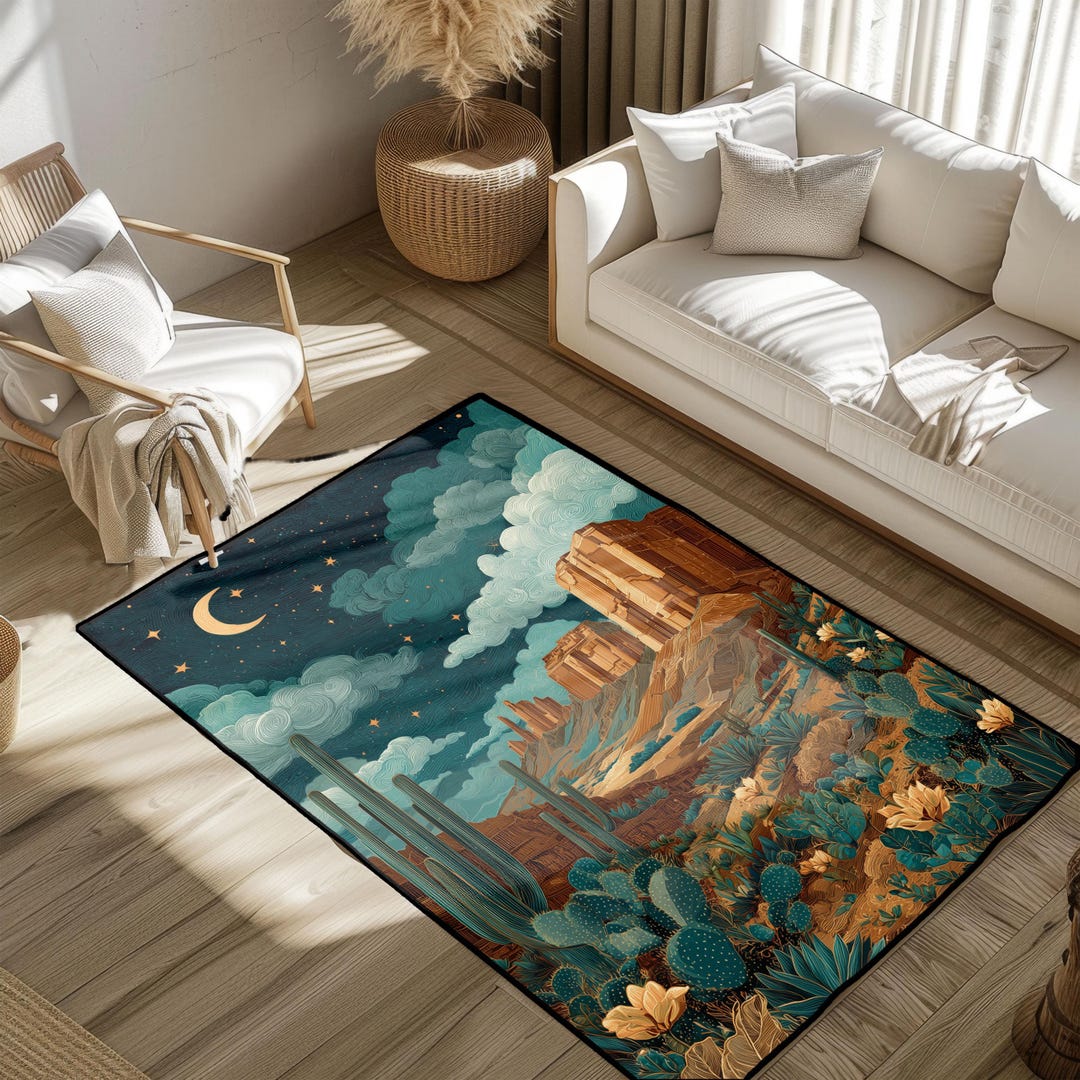 Desert Cactus Landscape Rug, Mountain Night Sky Rug, Southwestern ...