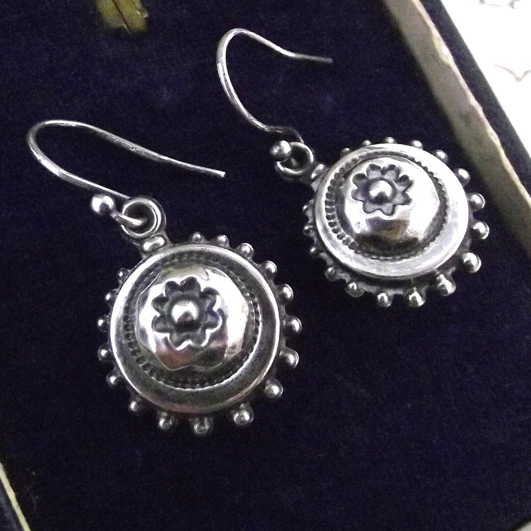Victorian Earrings Sterling Silver Repousse Faceted Target Drops With ...