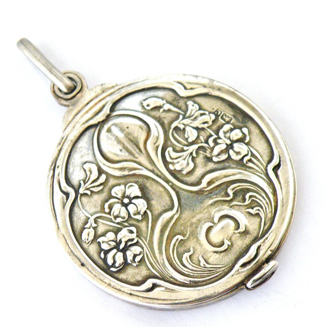 Art Nouveau Locket Sterling Silver Mirror Slide English Antique ...