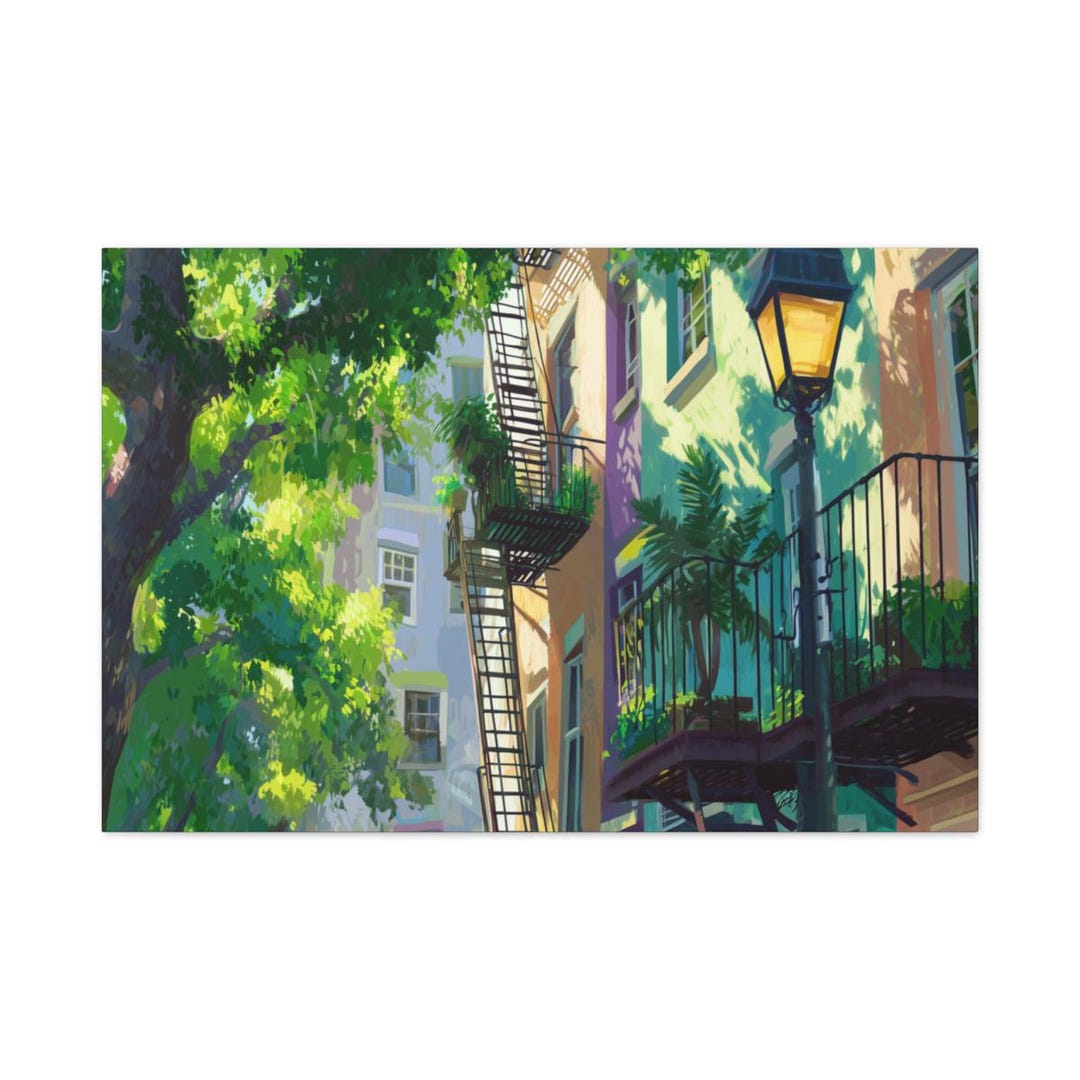 Urban Morning Art Print – Vintage Streetlamp & Pastel Cityscape Digital ...