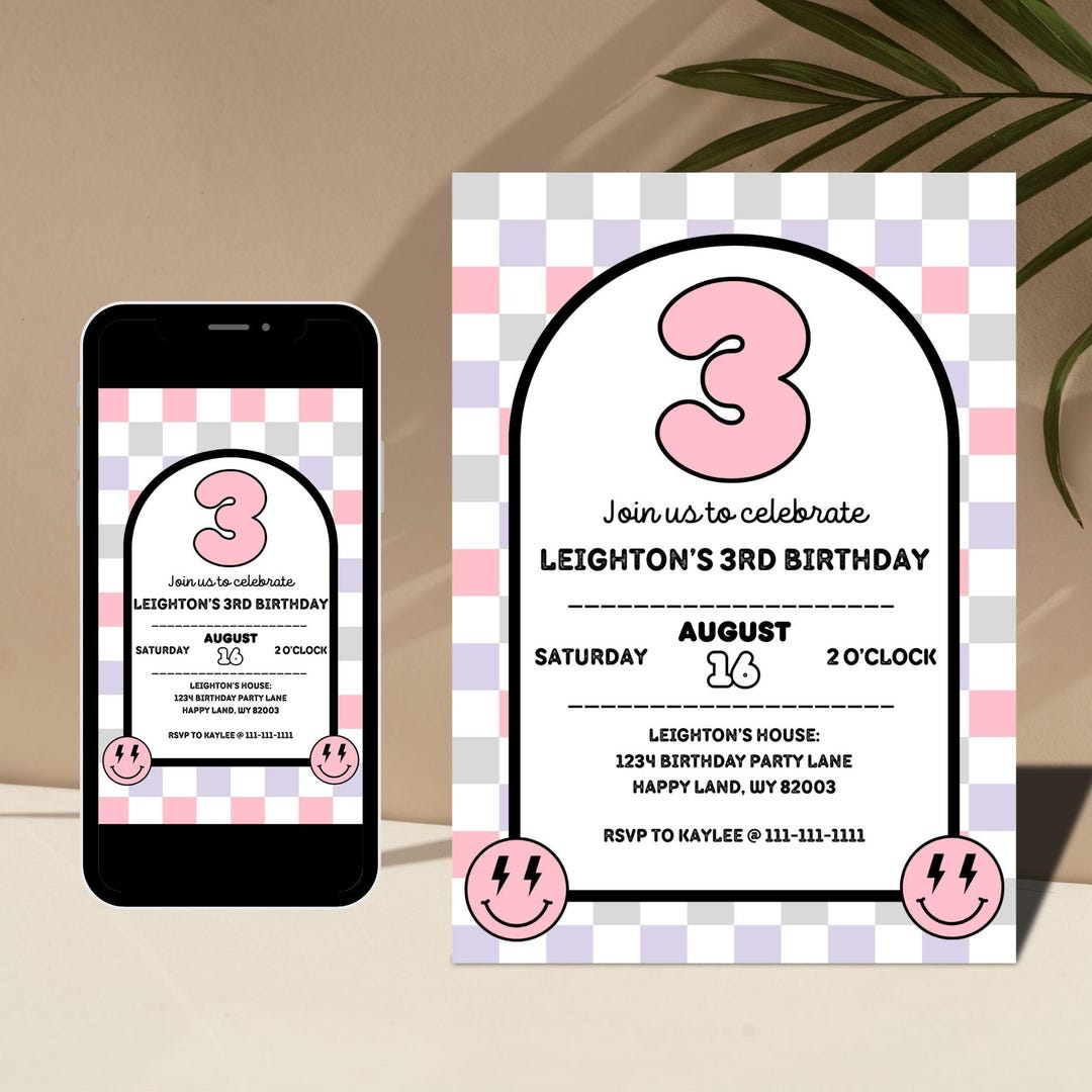 Editable Good Vibes Birthday Invitation | Retro Smiley Face Invite ...