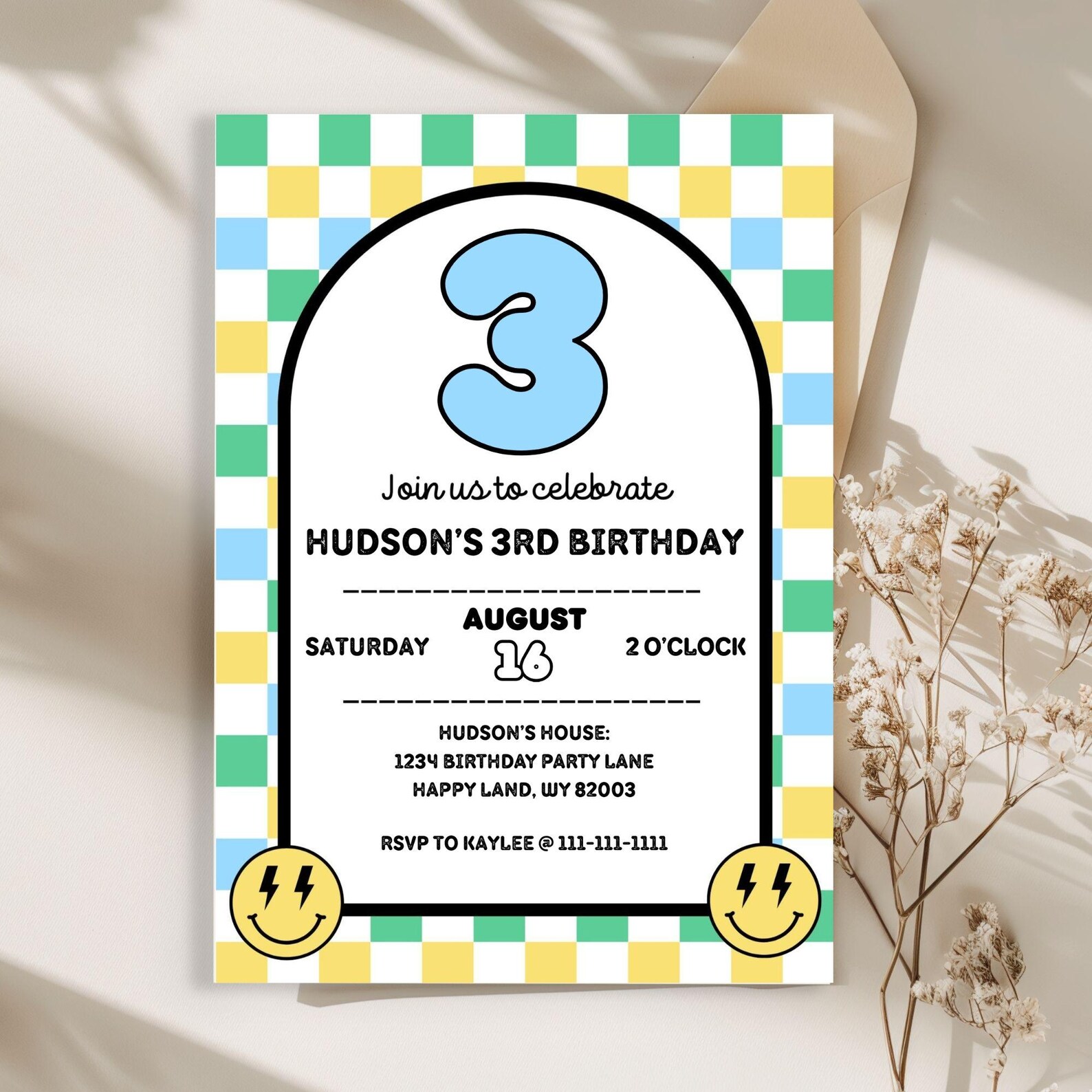 Editable Good Vibes Birthday Invitation | Retro Smiley Face Invite ...