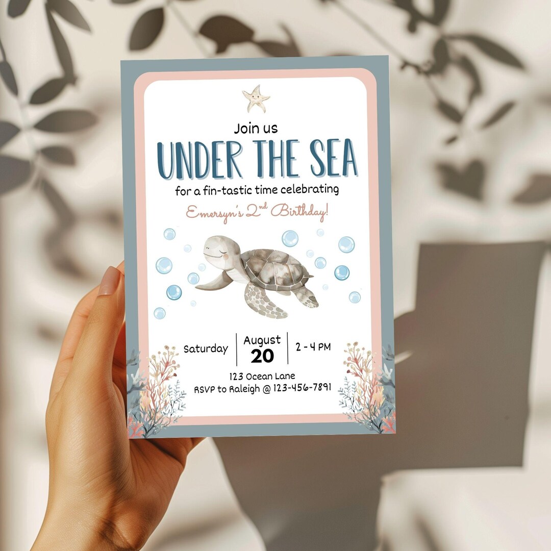 Under the Sea Birthday Invitation: Watercolor Turtle, Editable Canva ...