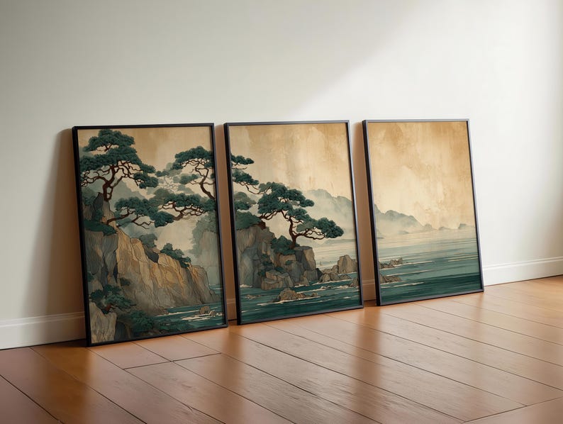 Japanese Cliff & Ocean Print Set: Japandi Zen Art (digital Download) - Etsy