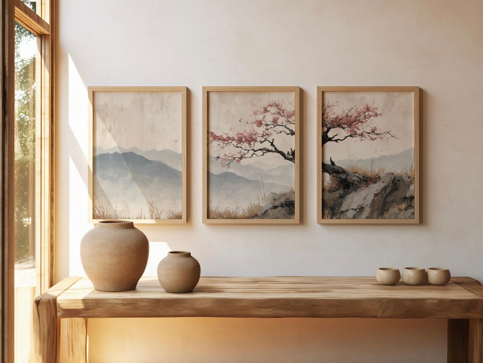 Sakura Tree Wall Art Set: Japanese Cherry Blossom Mountain Landscape ...