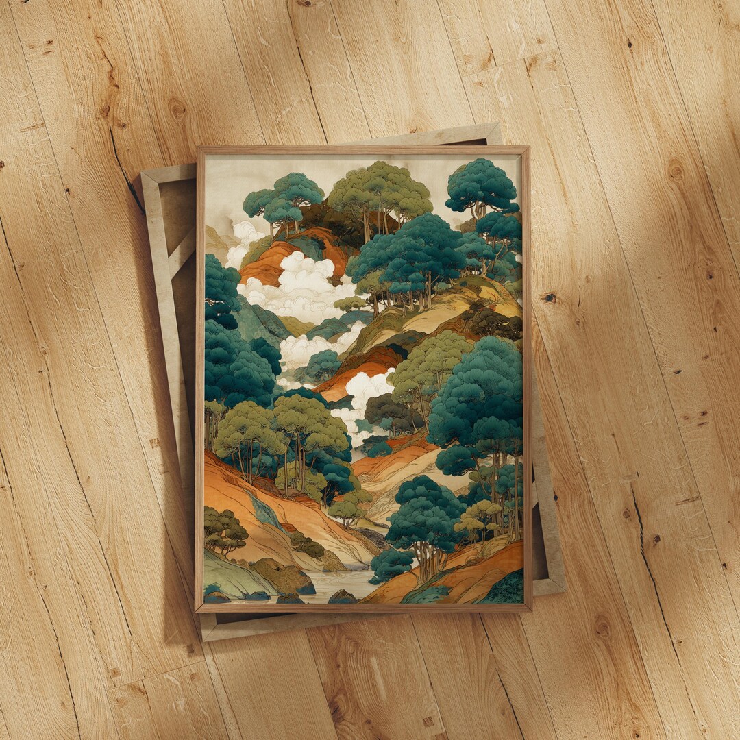 Japanese Forest Print: Ochre Green Landscape, Japandi Wall Art (digital ...