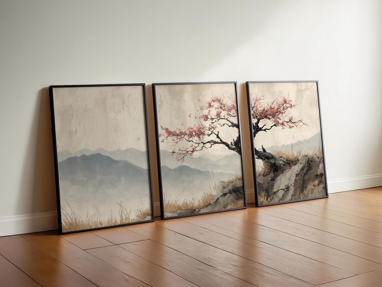 Sakura Tree Wall Art Set: Japanese Cherry Blossom Mountain Landscape ...