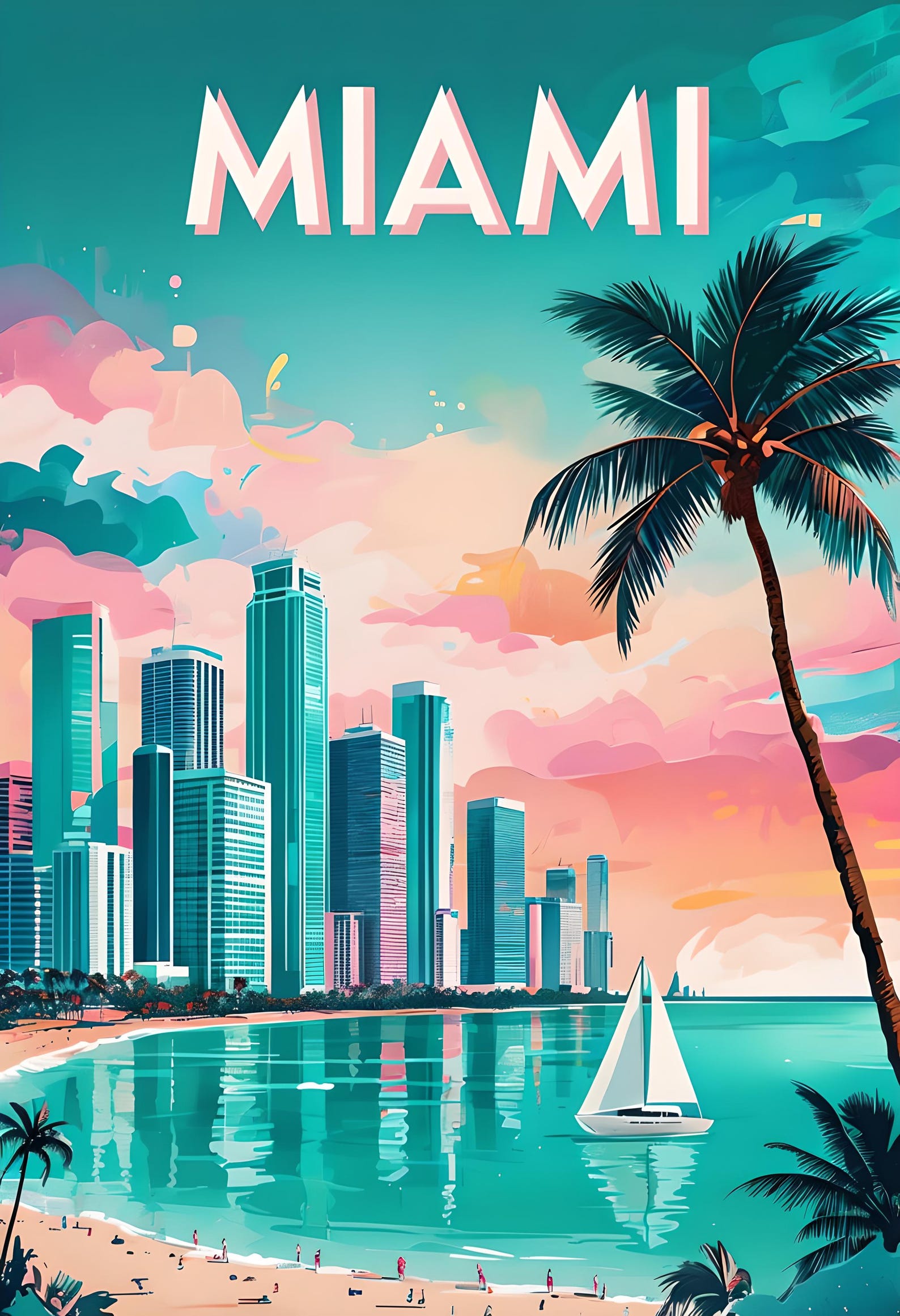 Vibrant Miami Beach Digital Poster | Retro Skyline Art Print | Tropical ...
