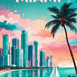 Vibrant Miami Beach Digital Poster | Retro Skyline Art Print | Tropical ...