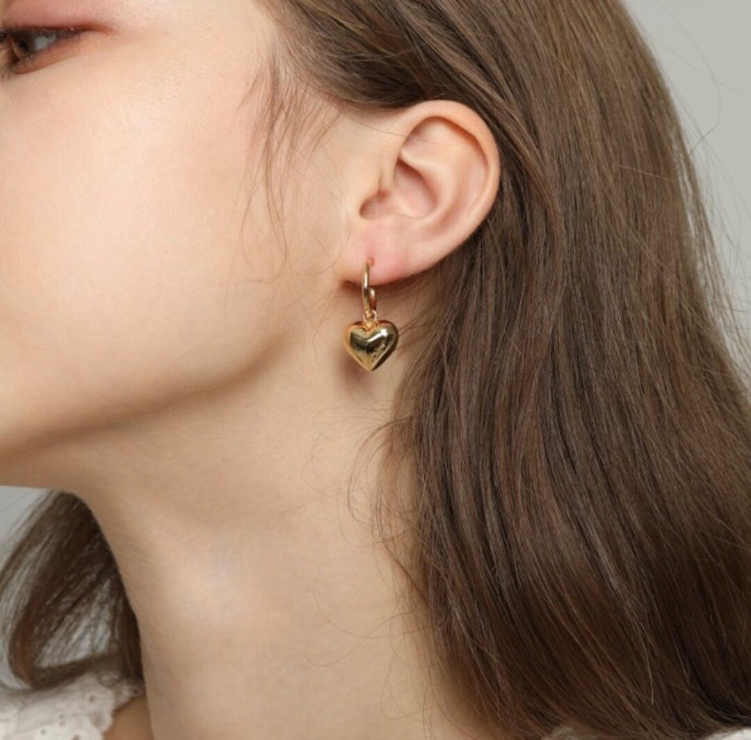 Puffy Heart Gold Hoops, Gold Heart Earrings, Dainty Heart Earrings ...