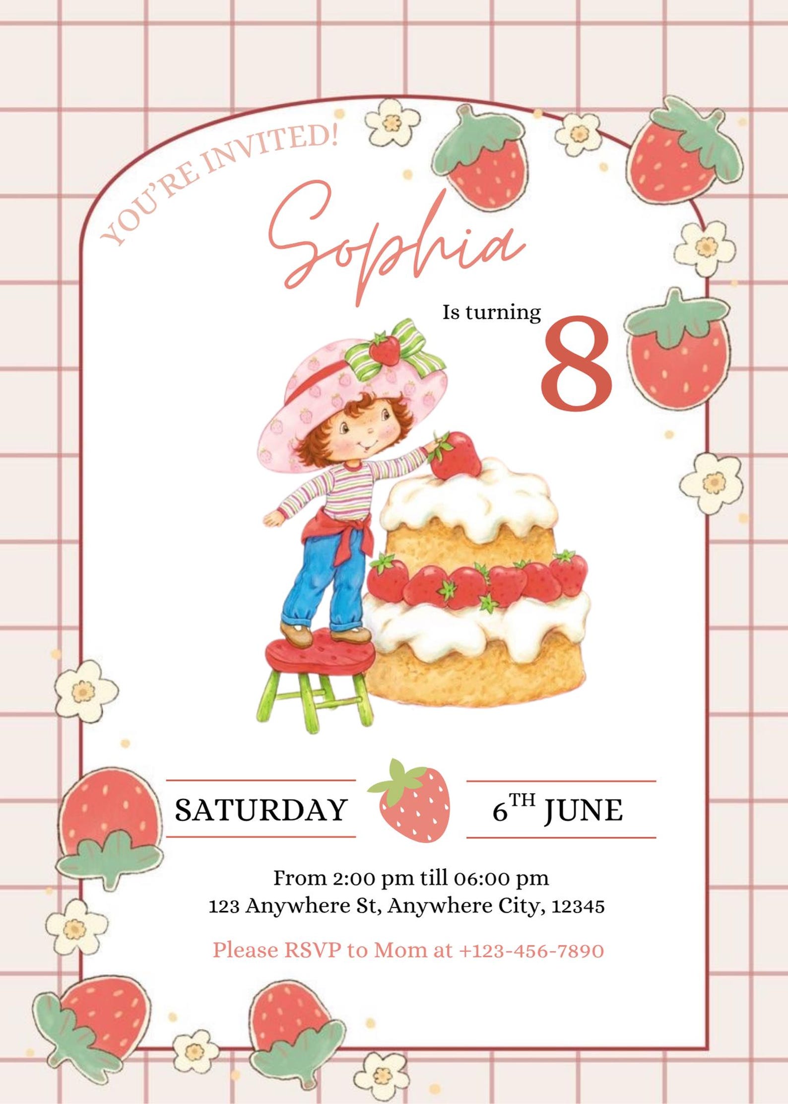 Strawberry Shortcake Birthday Invitation, Editable Girl Party Invite ...
