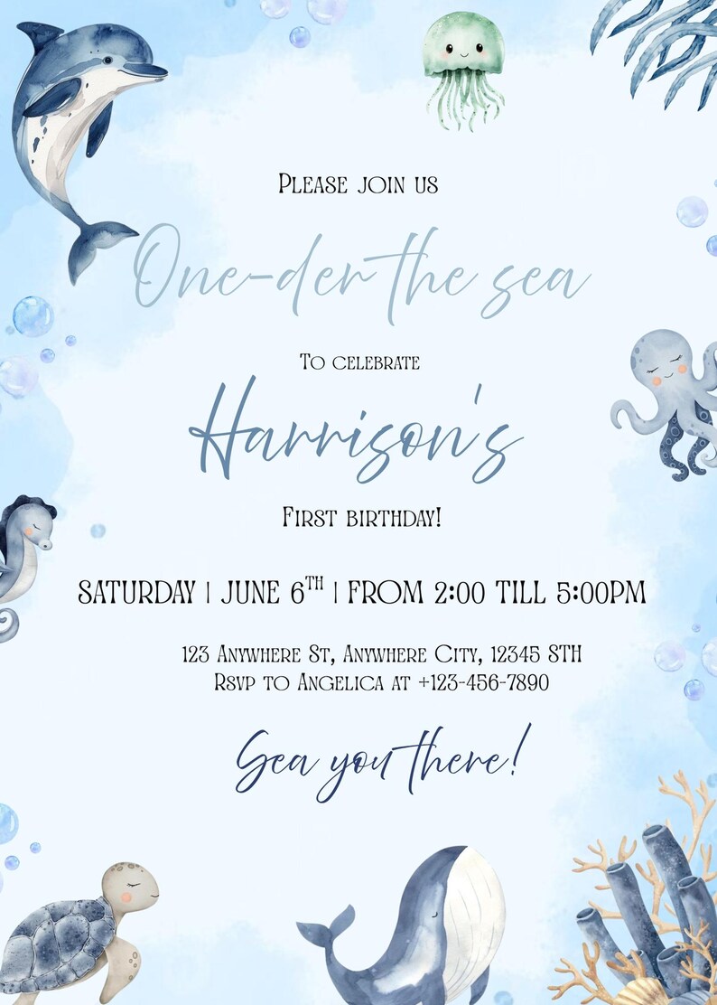 Under the Sea First Birthday Invitation, Ocean Theme, Printable Invite ...