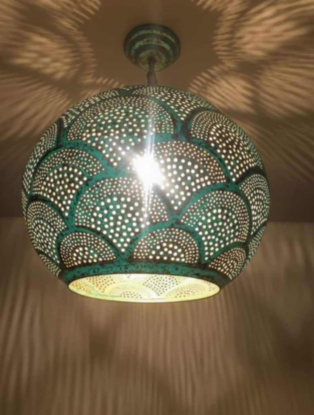 Moroccan Pendant Light | Green Perforated Metal Hanging Lamp, Shadow ...