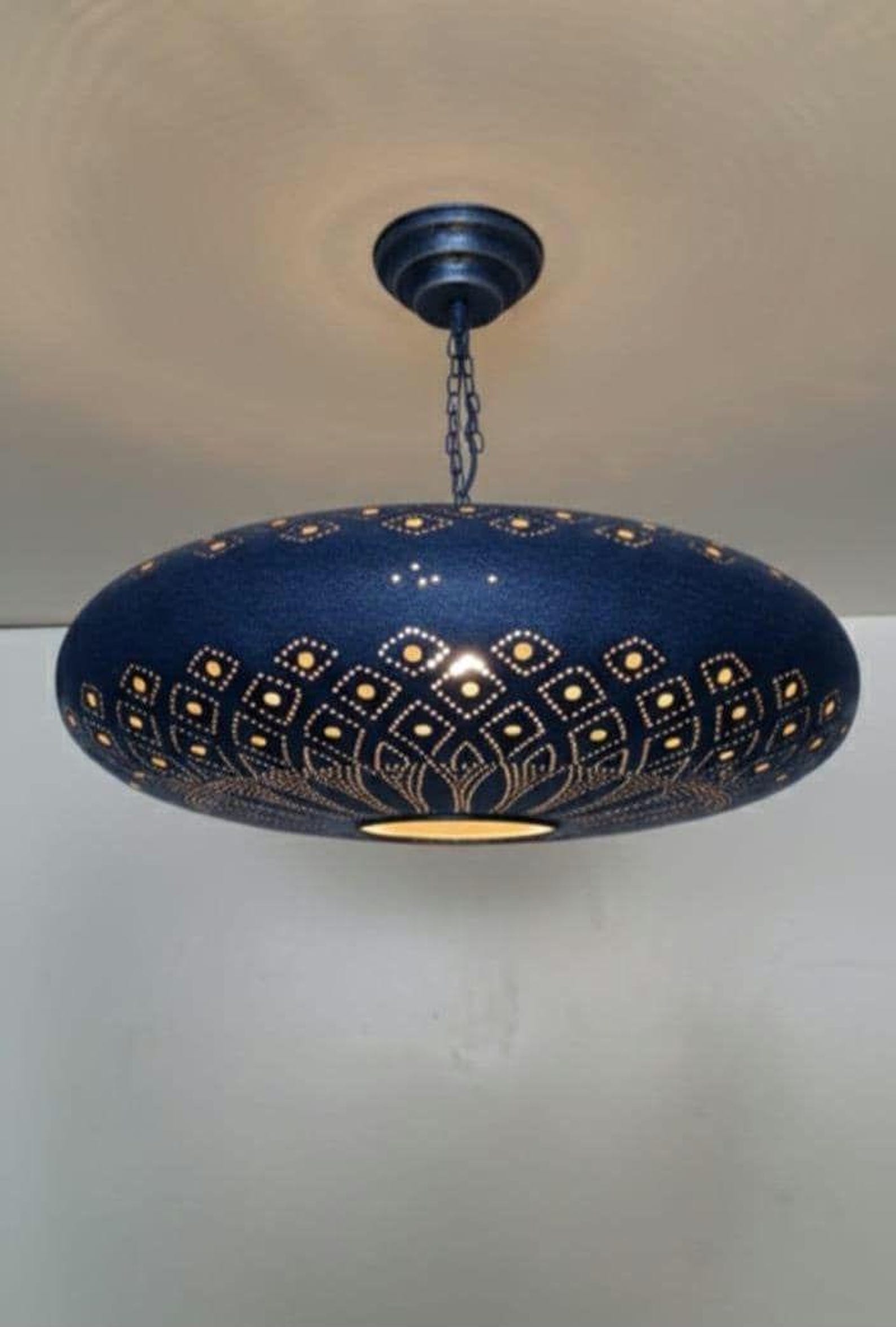 Moroccan Pendant Light | Blue Perforated Metal Hanging Lamp, Shadow ...