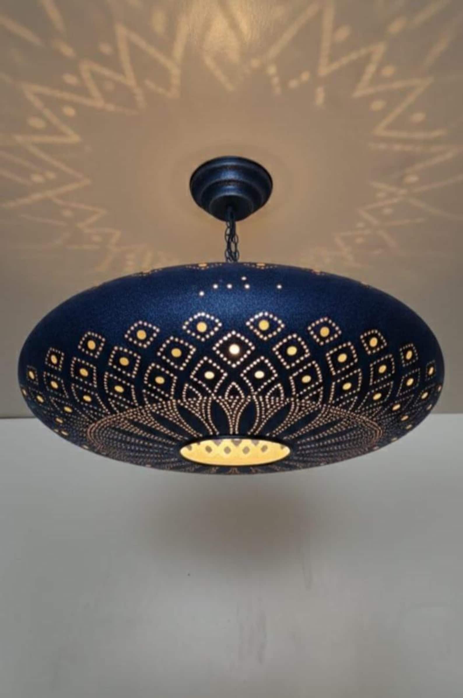 Moroccan Pendant Light | Blue Perforated Metal Hanging Lamp, Shadow ...