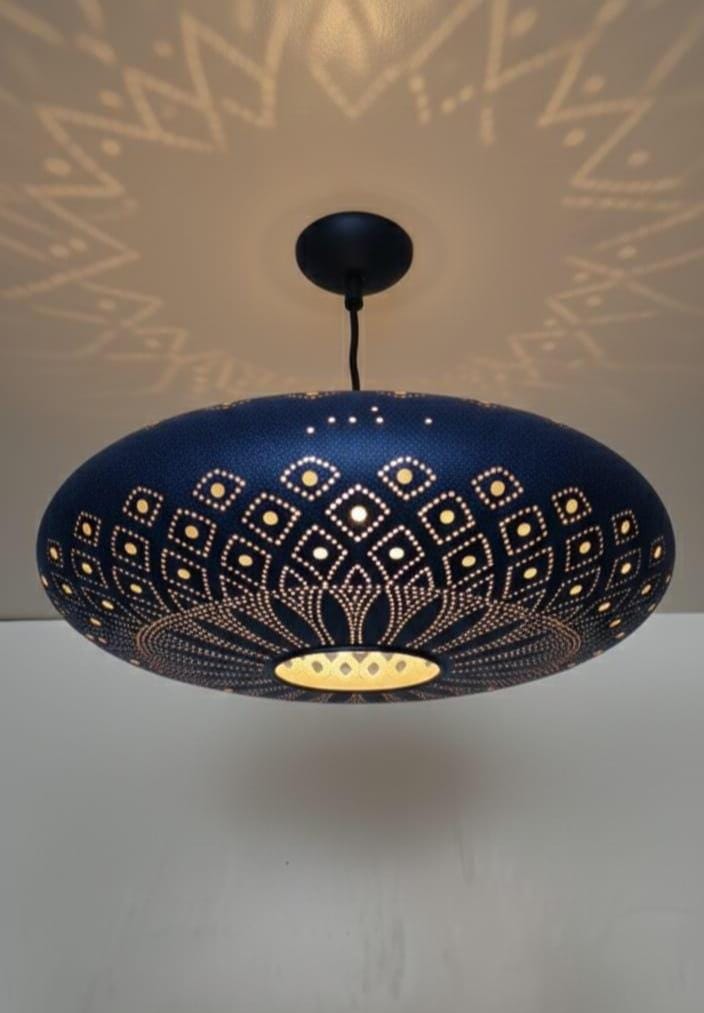 Moroccan Pendant Light | Blue Perforated Metal Hanging Lamp, Shadow ...