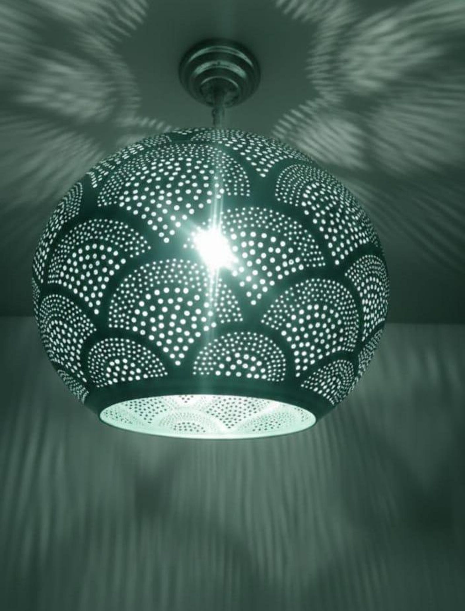 Moroccan Pendant Light | Green Perforated Metal Hanging Lamp, Shadow ...