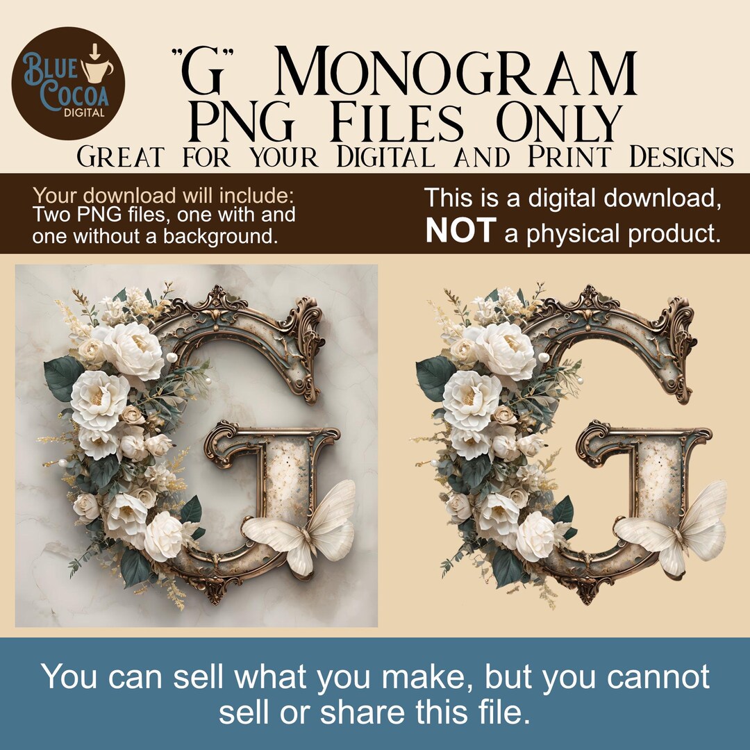 Ornate Floral G Monogram With Butterfly | PNG Digital Download | 4K ...