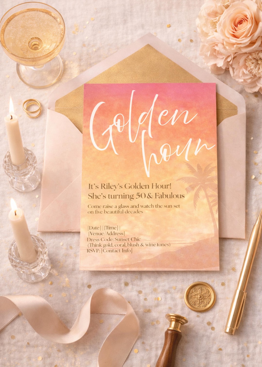50th Birthday Invitation for Her | Golden Hour Theme | Elegant Adult ...