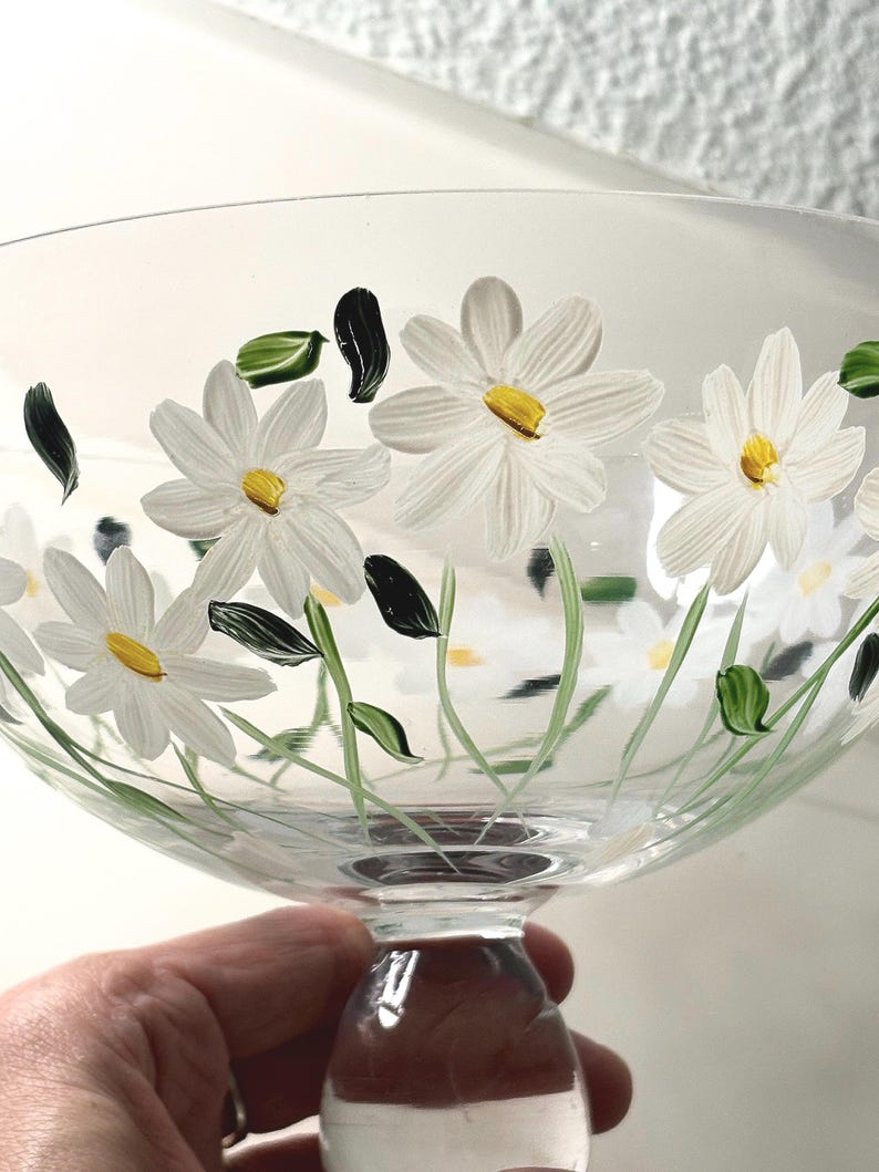 Hand-painted Daisy Glass Compote Dish: Vintage Cottagecore Spring Decor ...