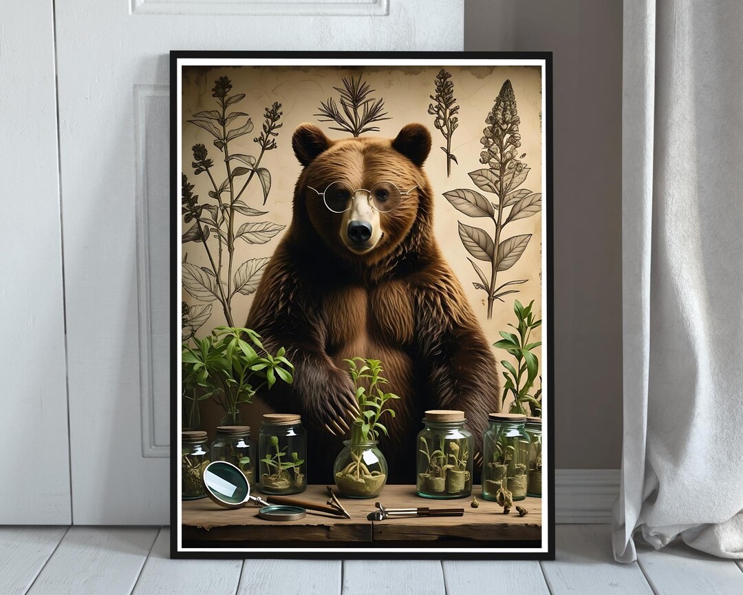 Bear Herbalist in Botanical Workshop – Vintage Science Wall Art - Etsy
