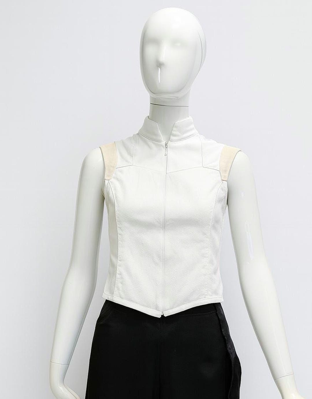 White Futuristic Sleeveless Top, High Neck Zip Vest With UV Reactive ...