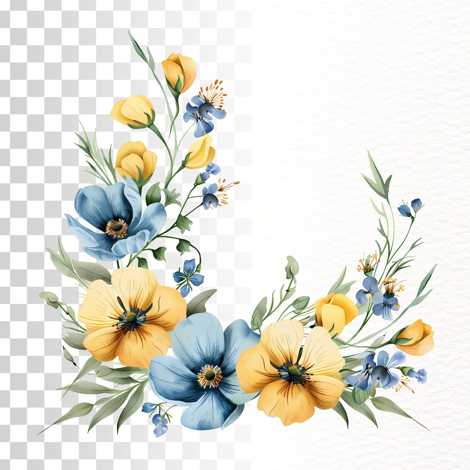 39 PNG Blue Yellow Watercolor Floral Bouquet Corners Clipart for ...