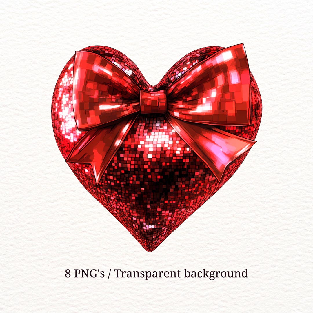 8 Glitter Heart PNG Bundle, Red Sequin Heart With Bow, Valentine Heart ...