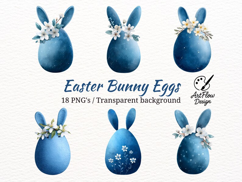 Watercolor Easter Bunny Eggs Clipart – 18 Blue PNG Graphics (digital ...