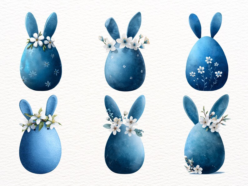 Watercolor Easter Bunny Eggs Clipart – 18 Blue PNG Graphics (digital ...