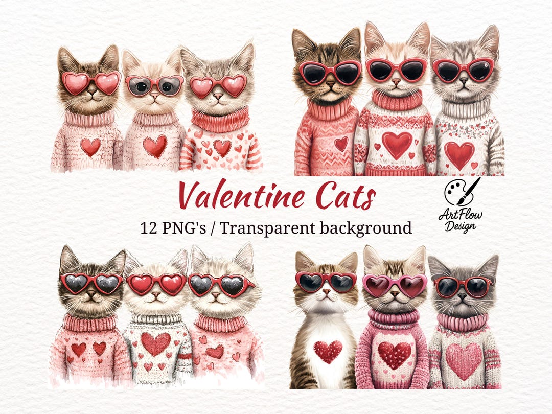 Valentine Cats Clipart PNG, Cute Cats in Heart Glasses, Love Cats ...