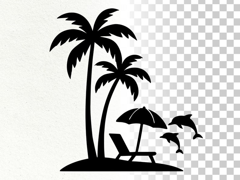 Tropical Beach SVG, Palm Trees Dolphins Sunset Island Silhouette ...